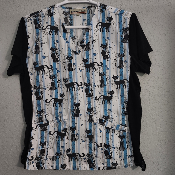 Green Town | Tops | Green Town Black Cat Scrub Top L Nurse Vet Blue ...
